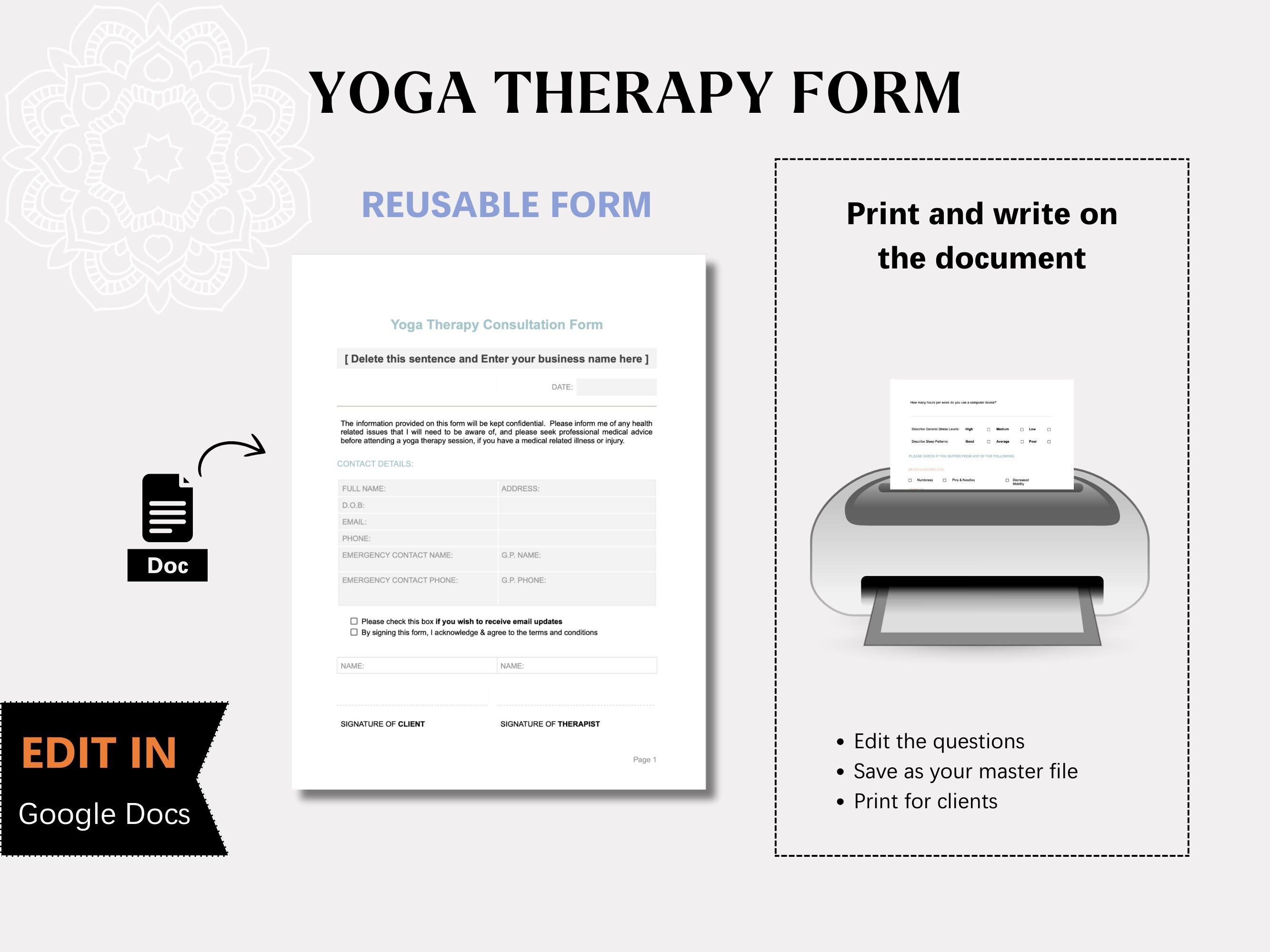Yoga Therapy Form, Editable Yoga Therapy Consultation Google Docs ...