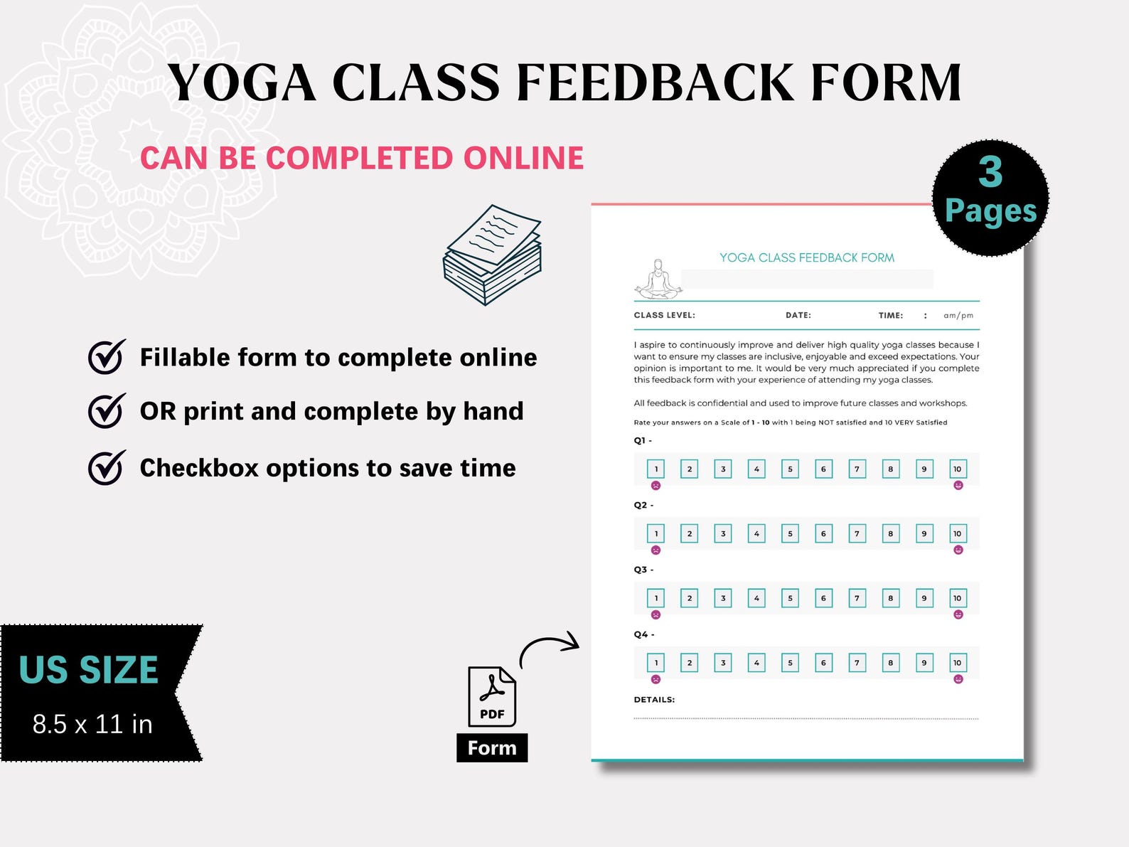 Yoga Class Feedback Form: US Size Fillable PDF for Instructors - Etsy