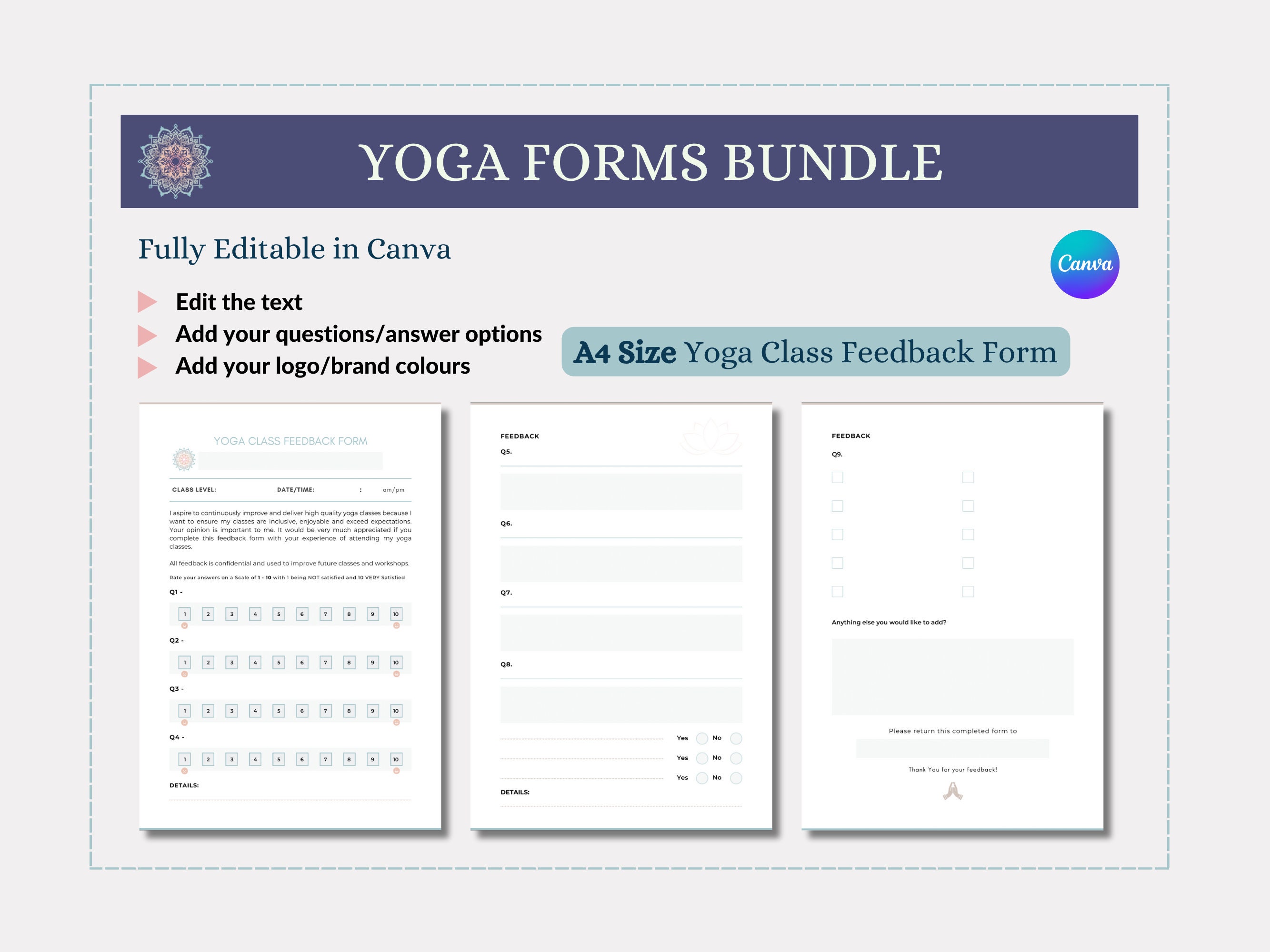 Yoga Forms Bundle, Editable Canva Templates, Forms for Yoga Teachers ...