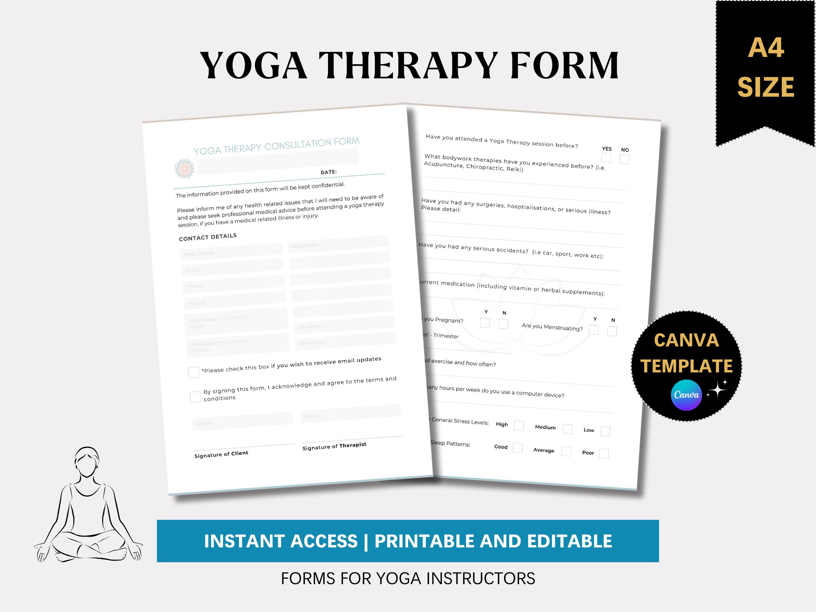 Yoga Therapy Form, Editable Canva Template, A4 Yoga Consultation Form ...
