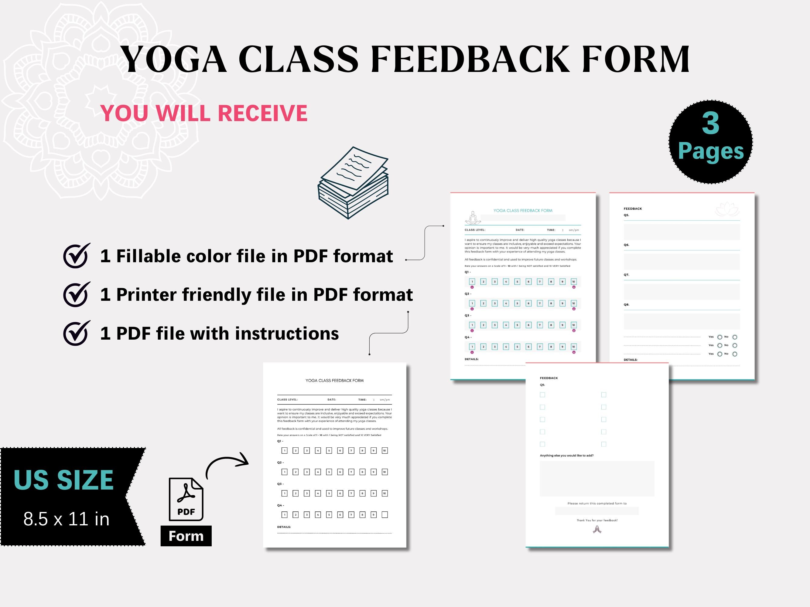 Yoga Class Feedback Form, US Size Fillable Yoga Business Form, Yoga ...