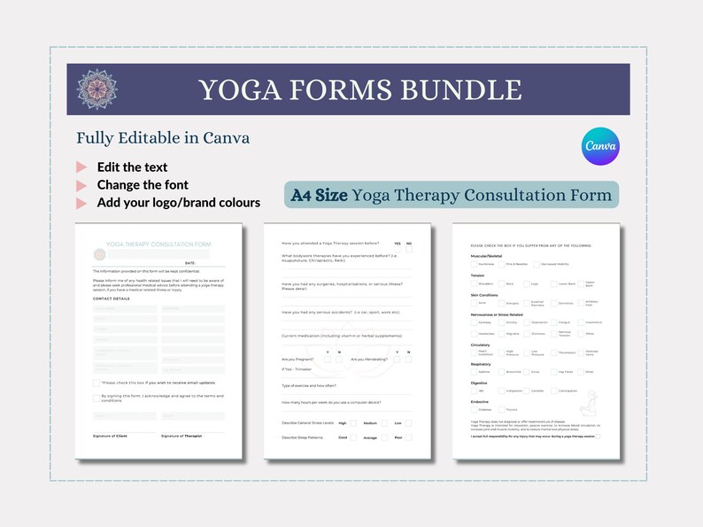 Yoga Forms Bundle, Editable Canva Templates, Forms for Yoga Teachers ...