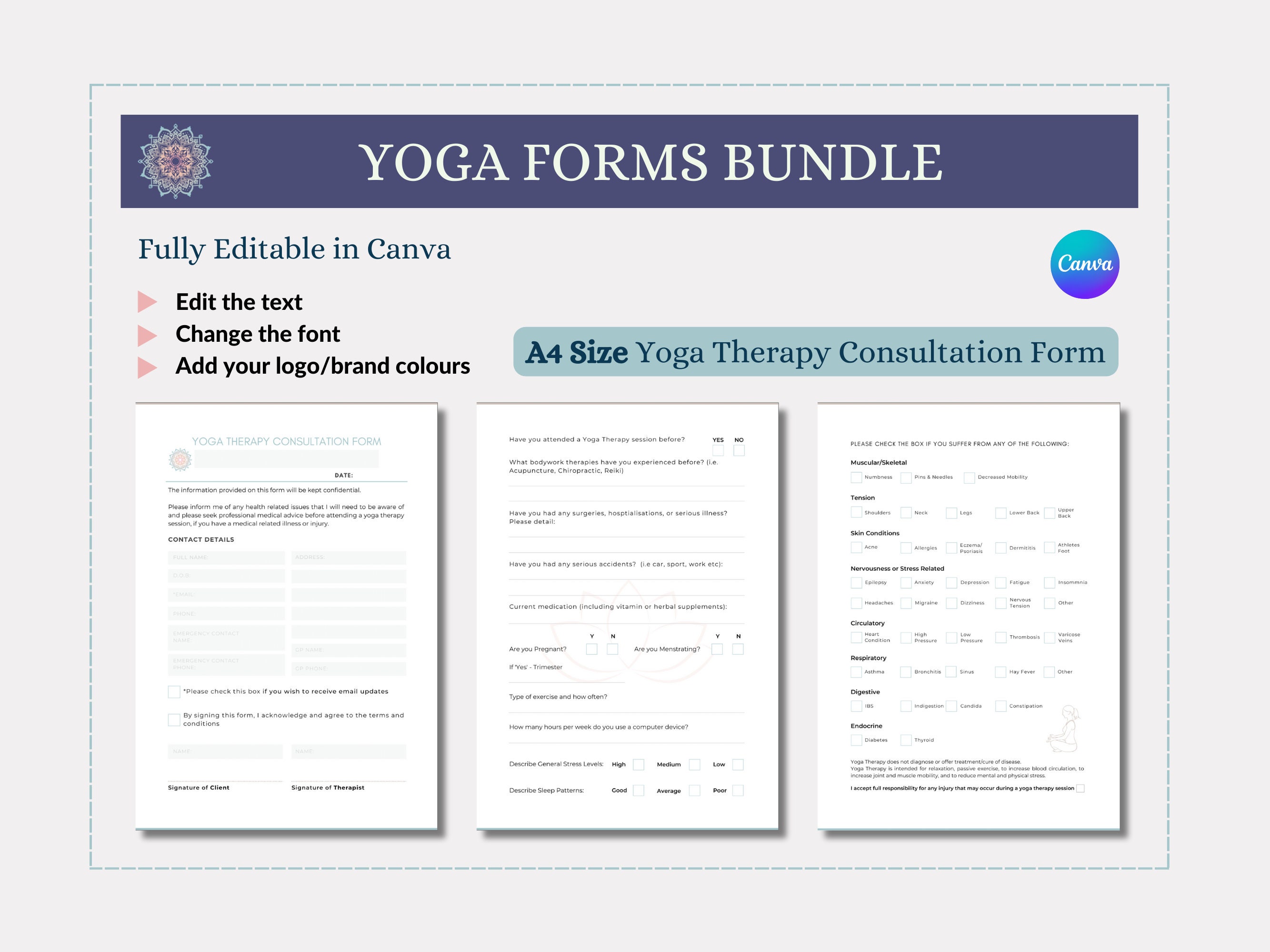 Yoga Forms Bundle, Editable Canva Templates, Forms for Yoga Teachers ...