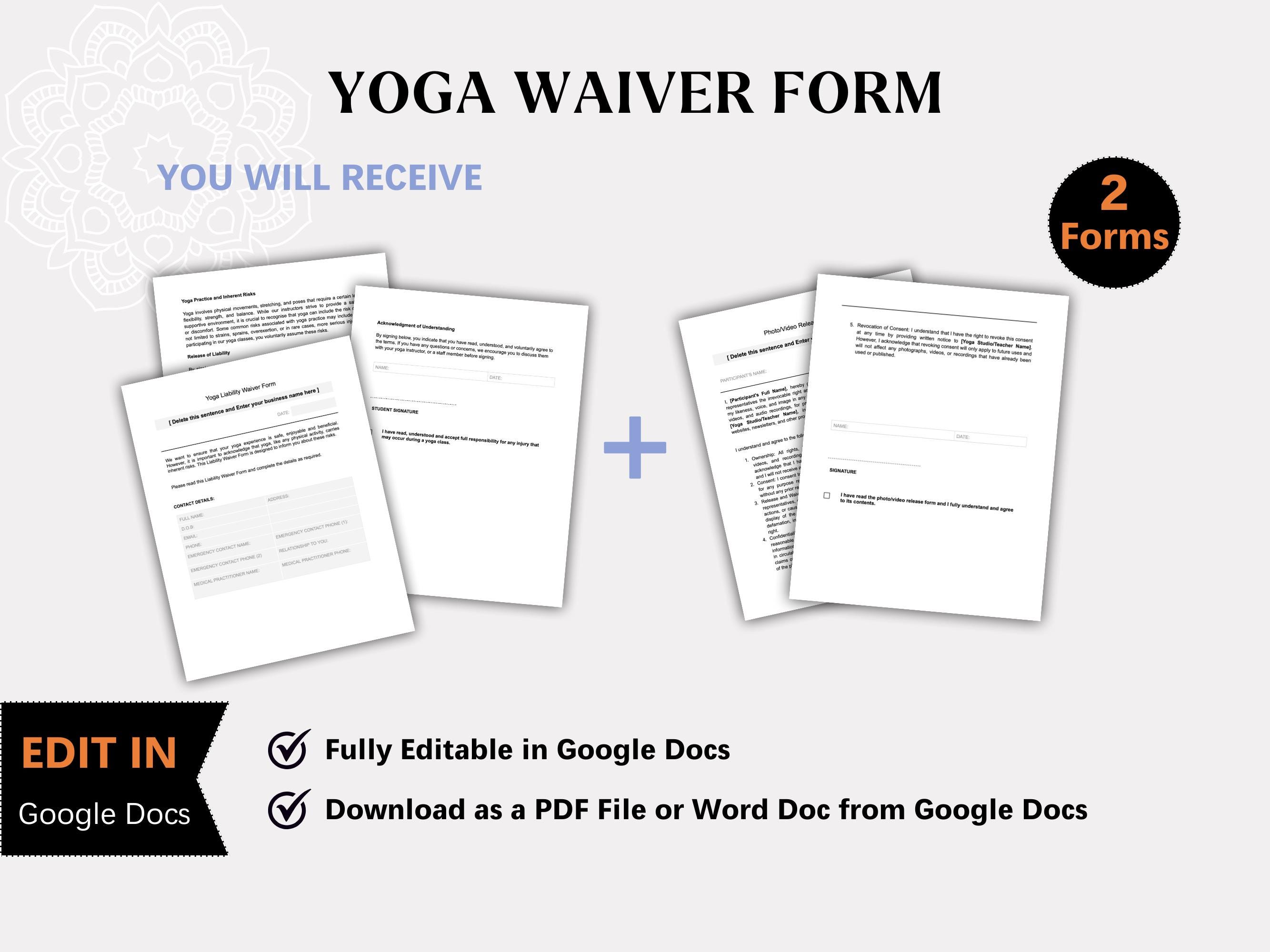 Yoga Waiver Form, Photo Video Release Form, Yoga Instructor Templates ...