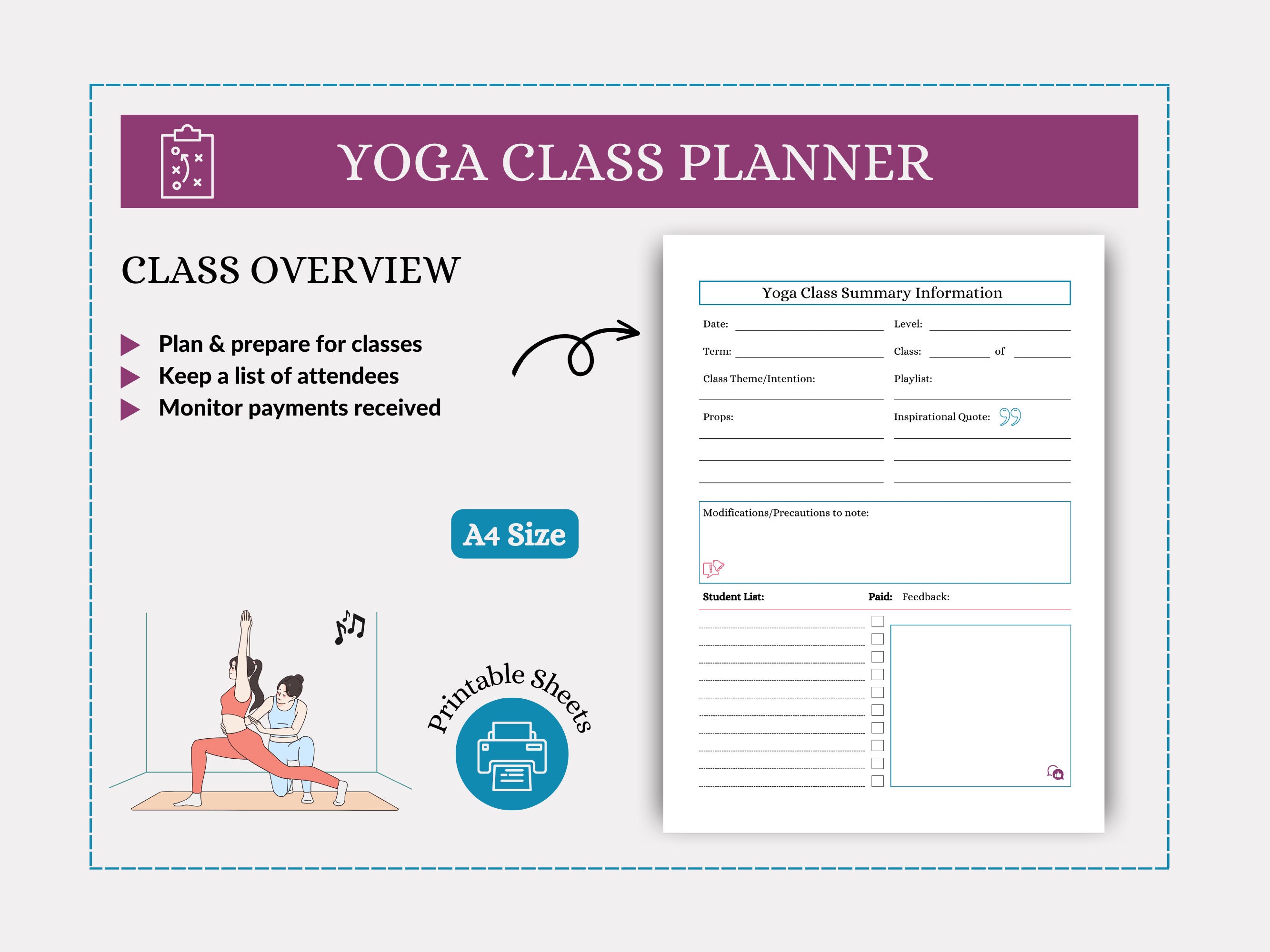Yoga Class Planner, Printable Yoga Teacher Organiser, A4 Printable Yoga ...