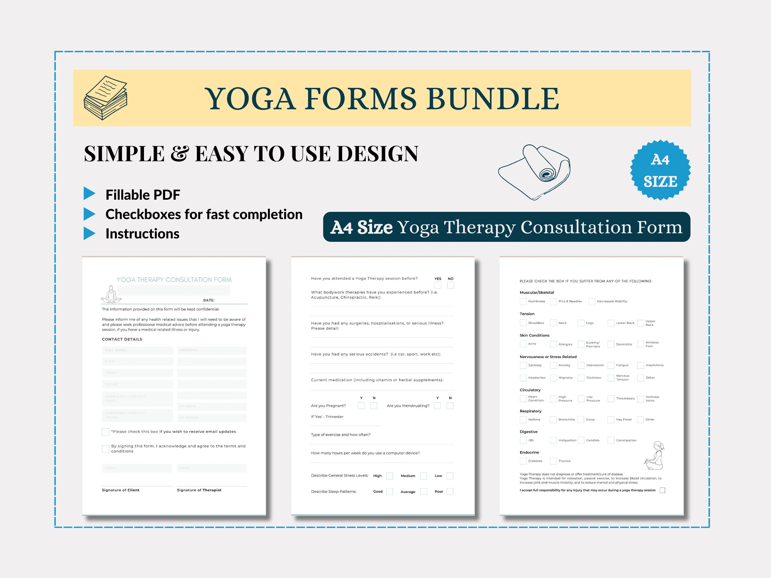 Yoga Forms Bundle, A4 Size Yoga Teacher Fillable Forms Bundle, Yoga ...