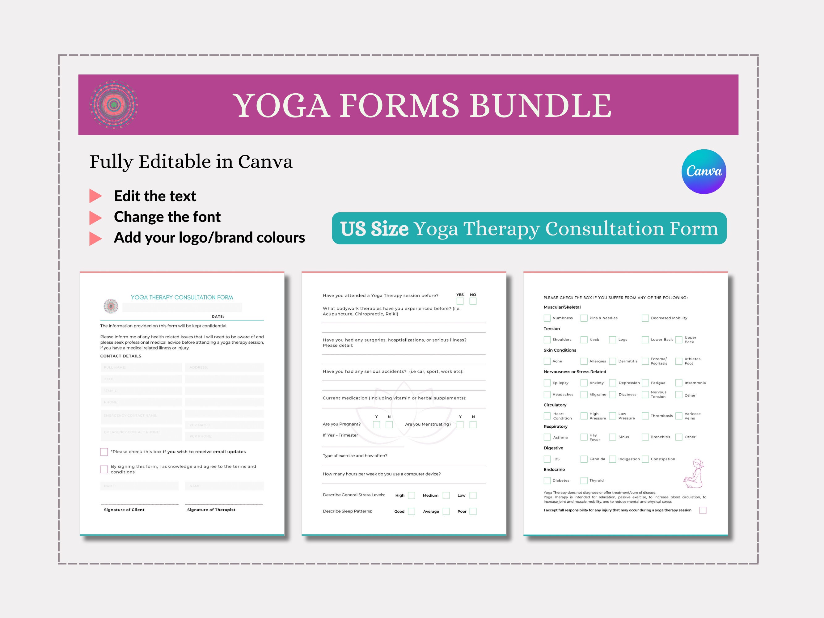 Yoga Forms Bundle, Editable Canva Templates, 3 Professional Yoga ...