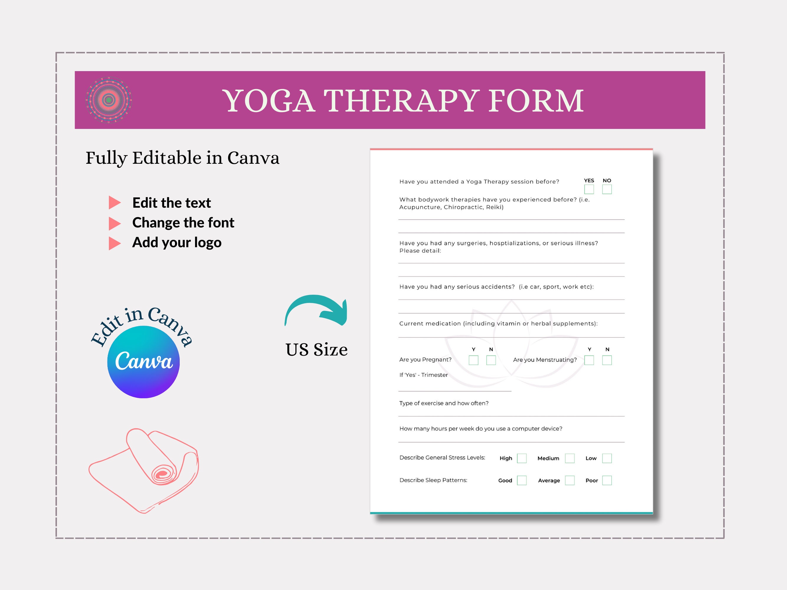 Yoga Consultation Form, Editable Canva Yoga Form, Yoga Teachers and ...