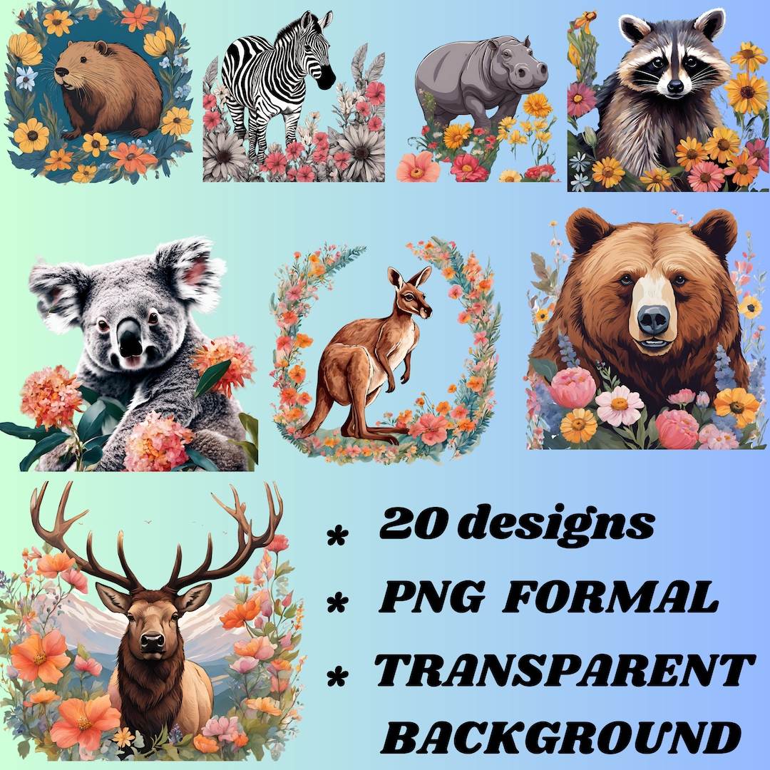 20 PNG, Cute Animal Clipart Set With Flowers, Horse, Sheep, Fox, Bear ...