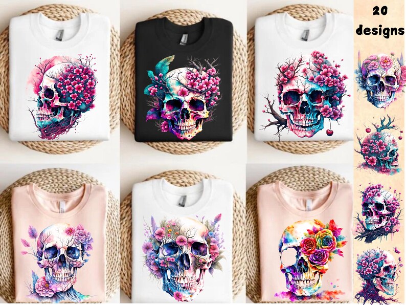 Floral Skulls Clipart Set, Skull Designs Png, Floral Clipart, Flowers ...