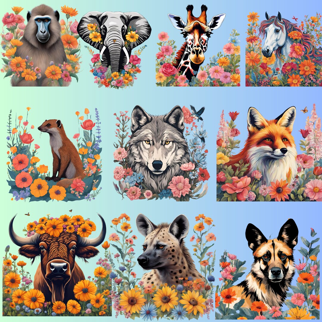 20 PNG, Cute Animal Clipart Set With Flowers, Horse, Sheep, Fox, Bear ...