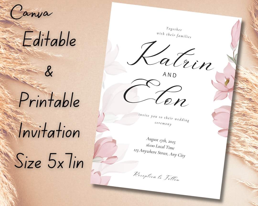 Pink Flowers Wedding Invitation Template, Printable Wedding Bundle ...