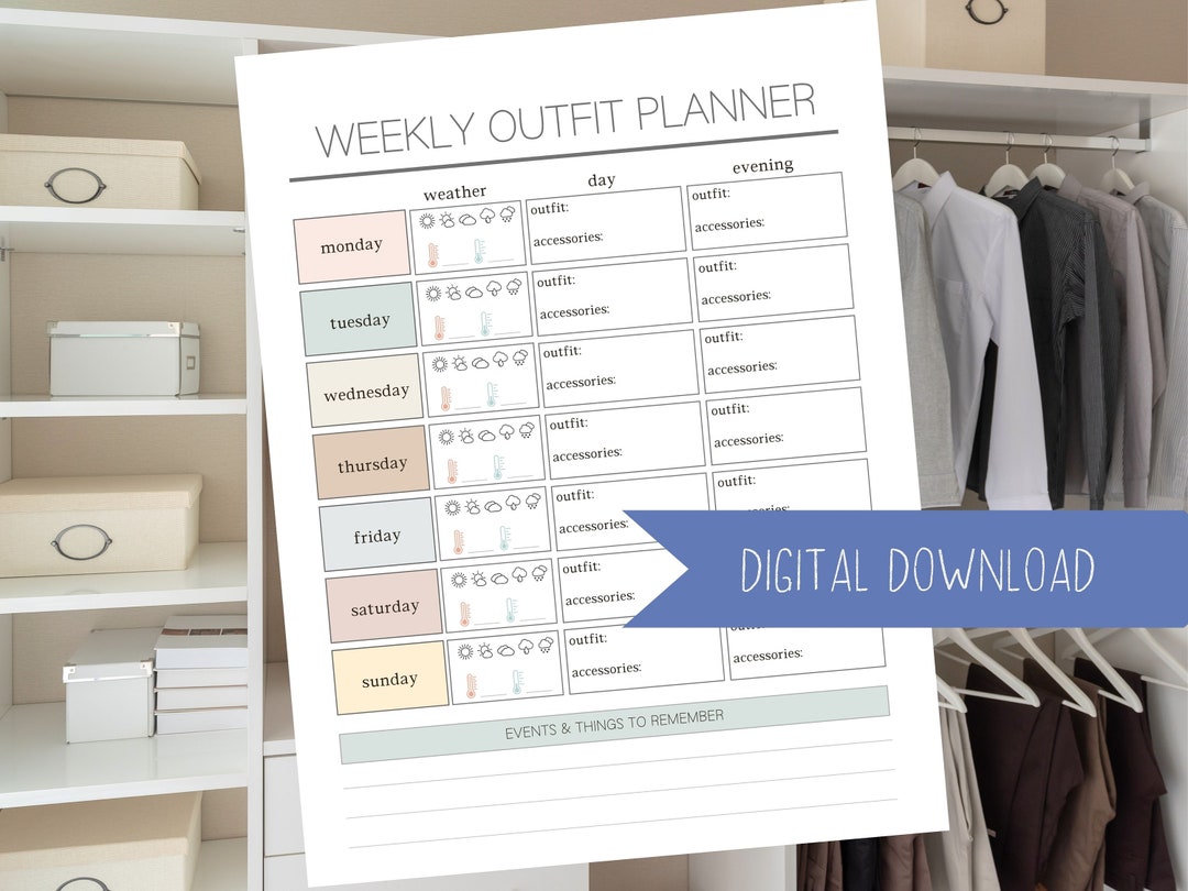 Weekly Outfit Planner PDF Printable Digital Download 7 Day Wardrobe ...