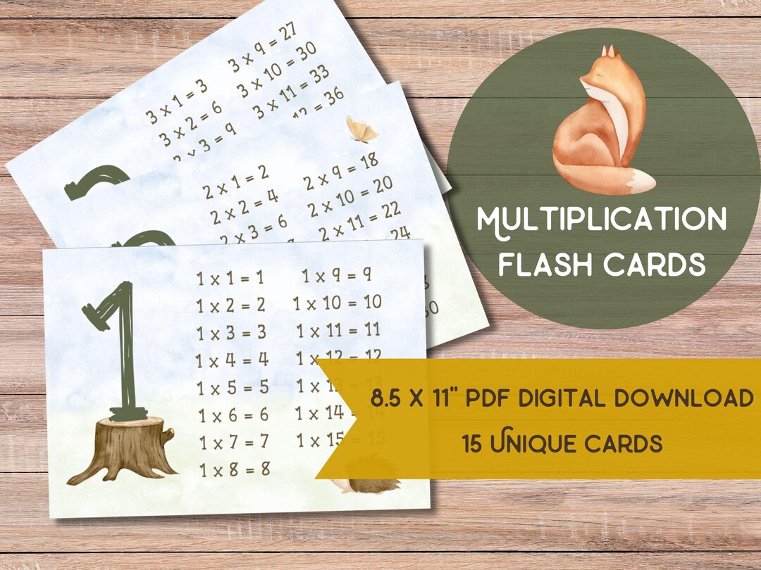 Multiplication Cards Printable Download Whimsical Woodland Watercolor ...
