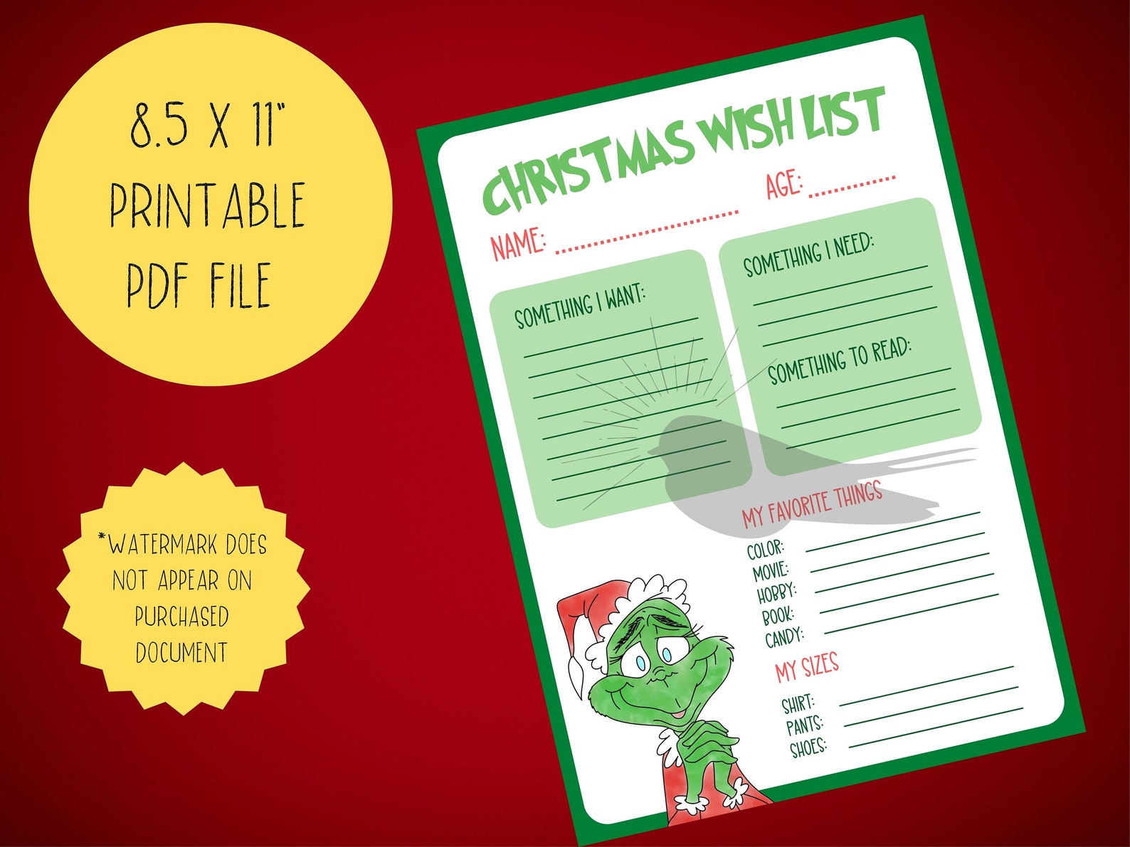 Grinch Kids Christmas Wishlist | Printable PDF Holiday Gift Guide for ...