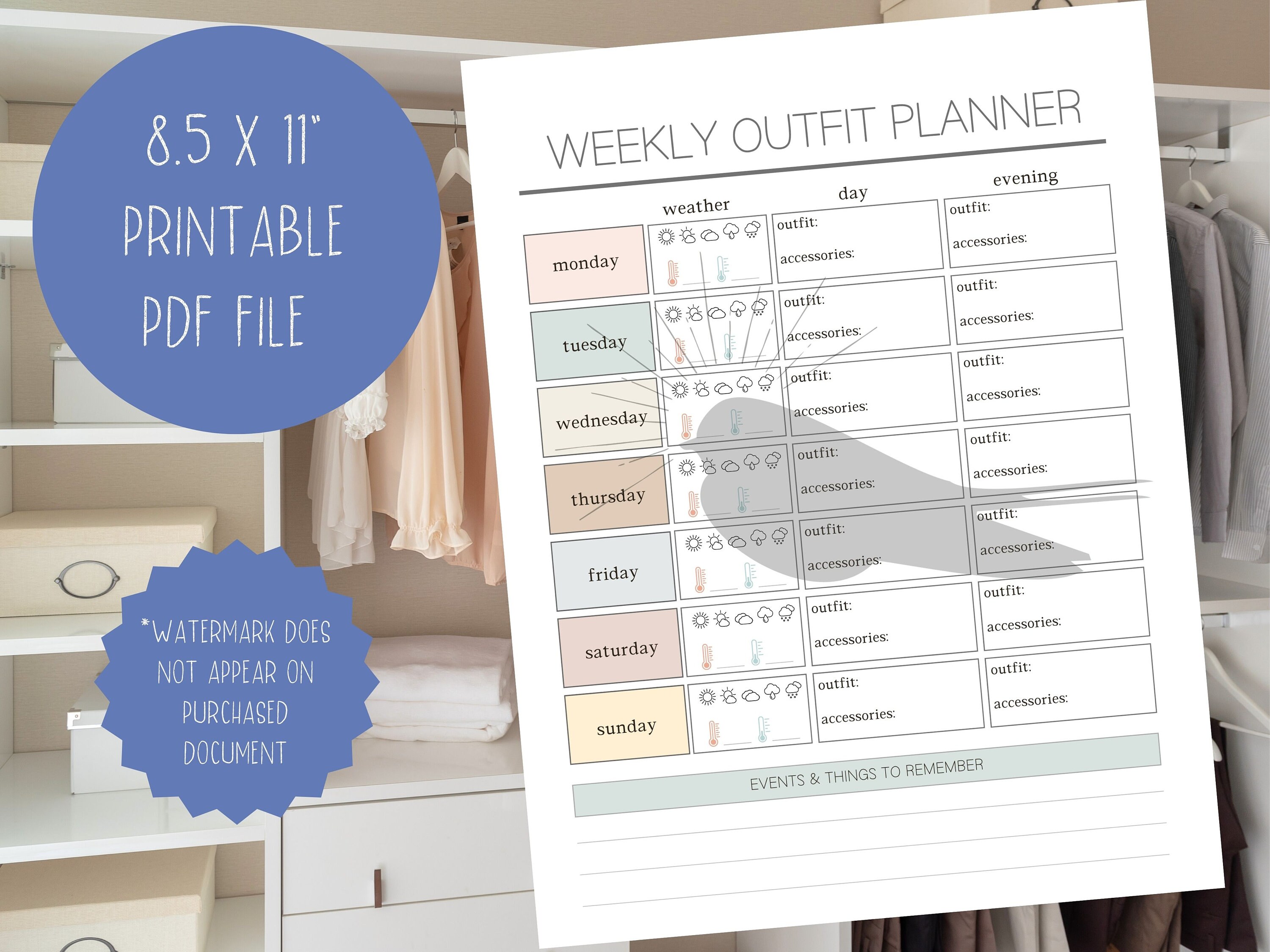 Weekly Outfit Planner PDF Printable Digital Download 7 Day Wardrobe ...