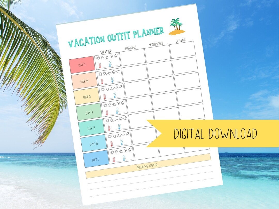 Vacation Outfit Planner PDF Printable | Digital Download | 7 Day Trip ...