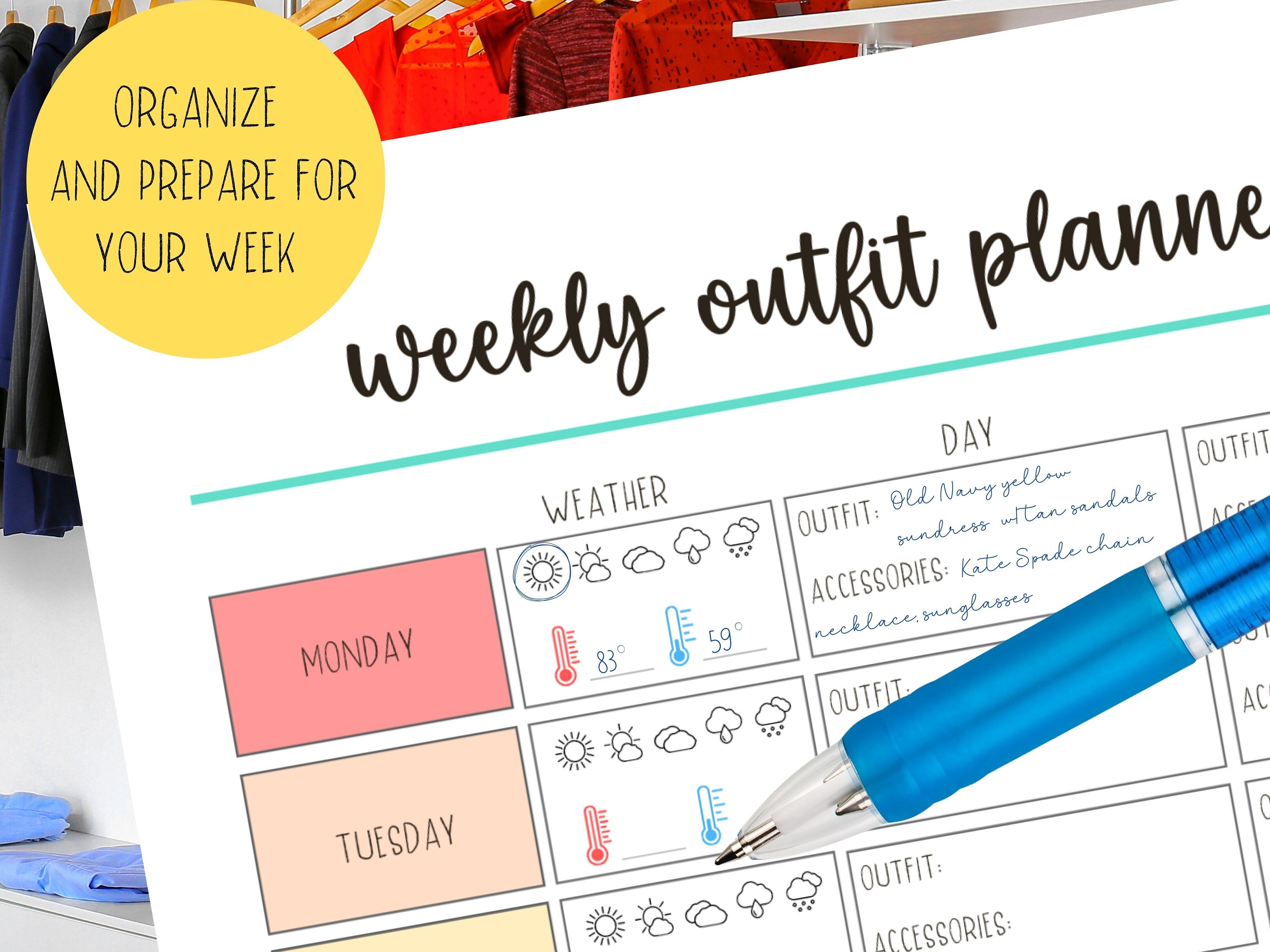 Weekly Outfit Planner PDF Printable Digital Download 7 Day Wardrobe ...