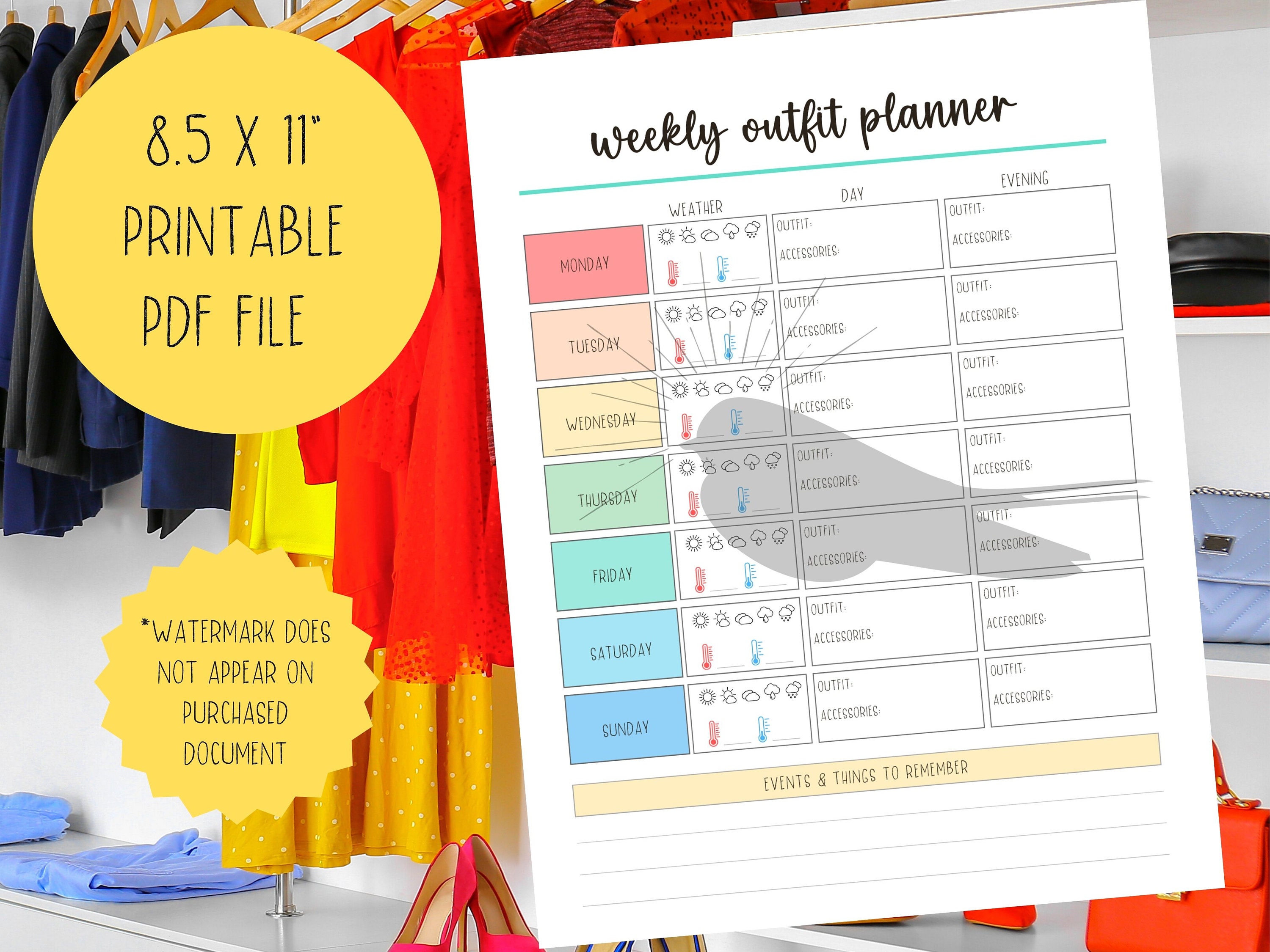 Weekly Outfit Planner PDF Printable Digital Download 7 Day Wardrobe ...