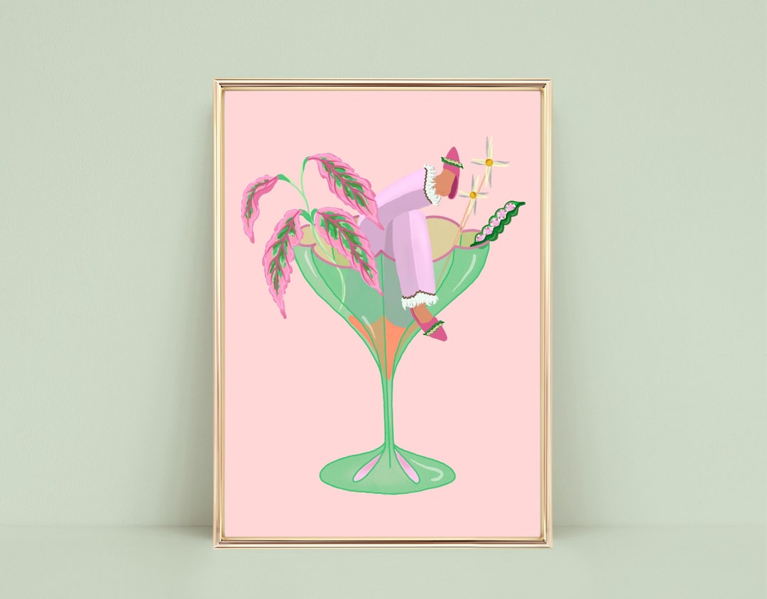 Pink and Green Cocktail Drinks Print A5 A4 A3 Unframed Bar Kitchen ...