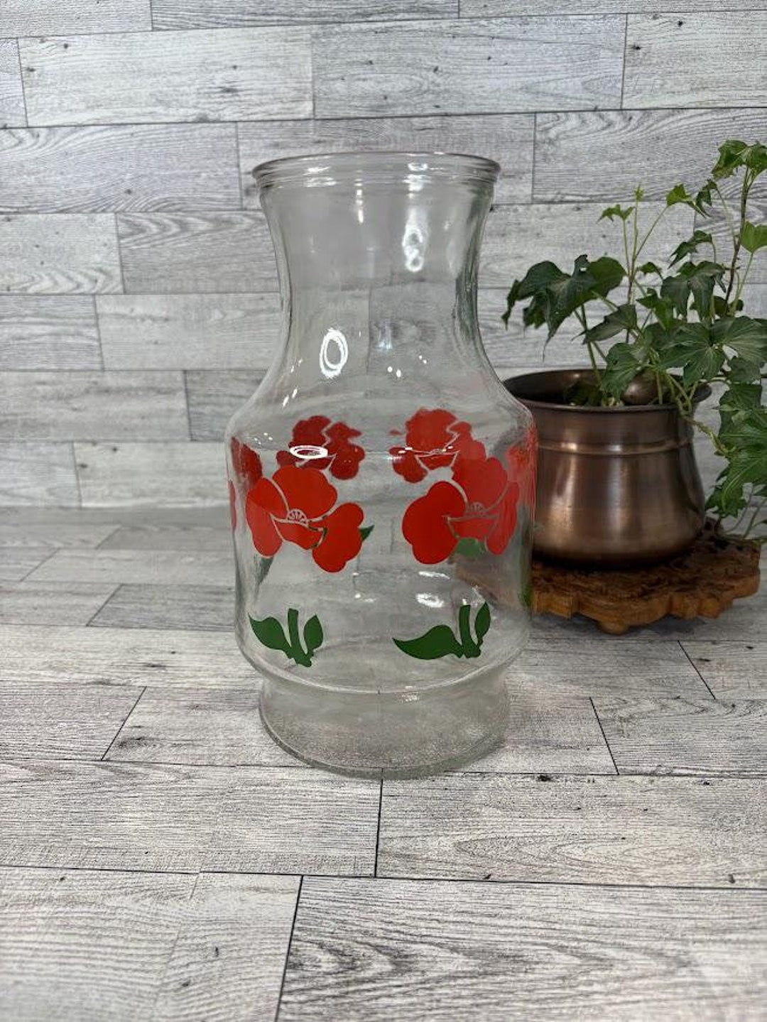 Vintage Glass Juice Chiller - Juice Pitcher With Red Flowers - Etsy