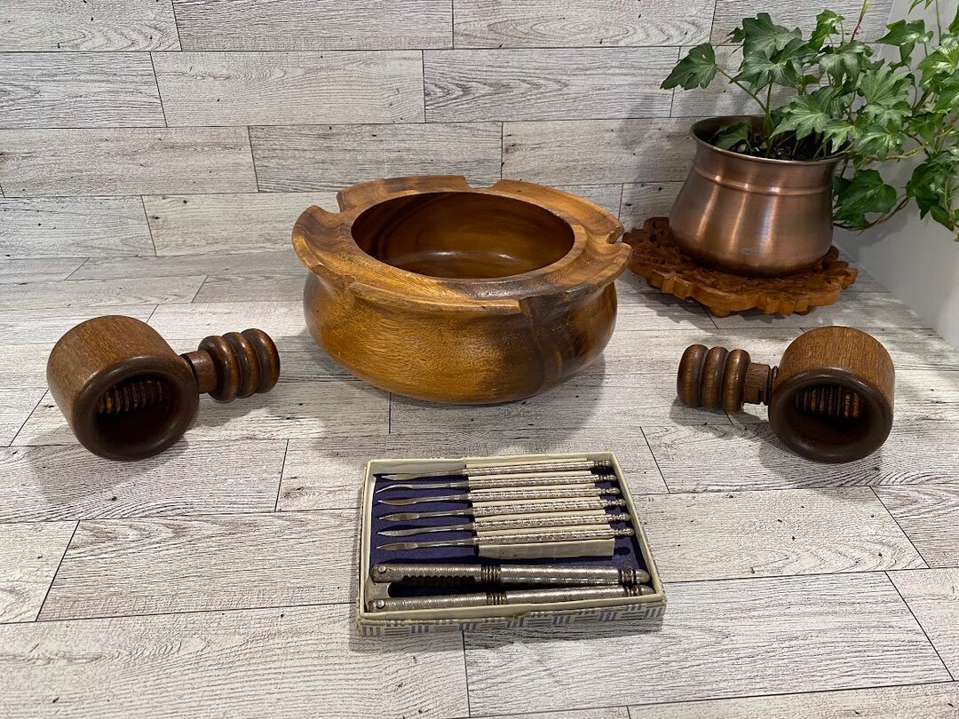 RARE Wood Nut Bowl/serving Bowl With Nutcracker, Picks, and Screw Nut ...