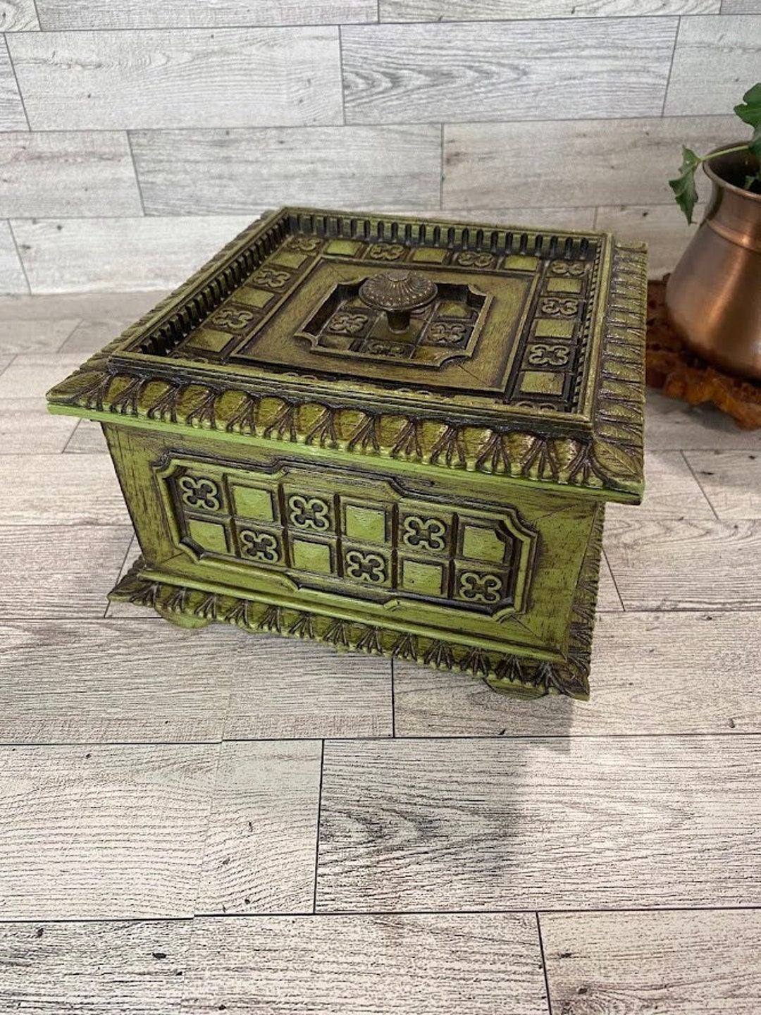Vintage MCM Celtic Gothic Footed Storage Box - Hard Plastic Storage ...