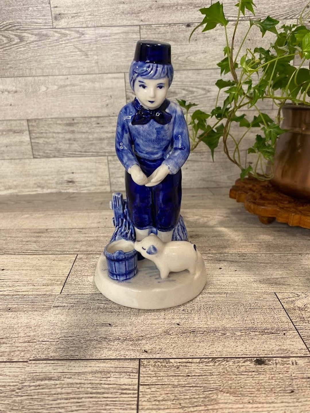 Vintage Delft Lad Tending Pig - Holland, Collectible Figurine - Etsy