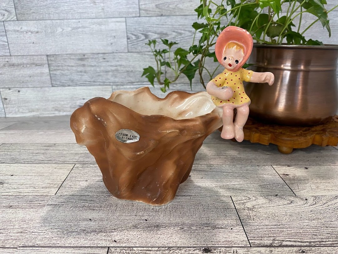 Vintage Enesco Ceramic Planter - Little Girl Fishing - Etsy