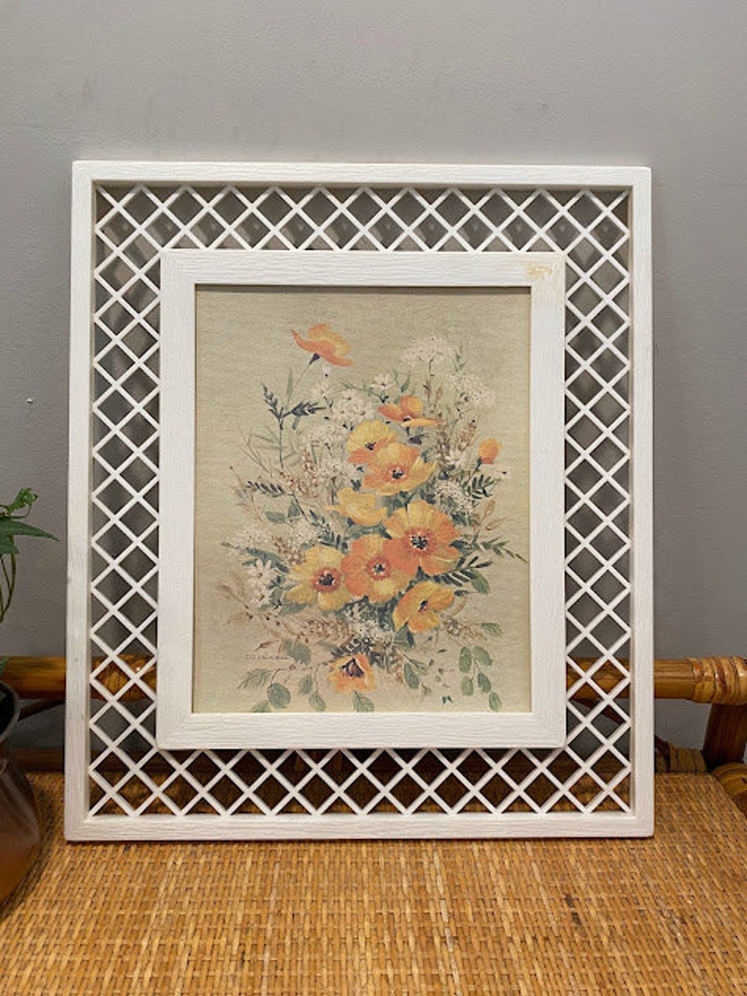 Vintage Plastic Lattice Picture Frame and Art Print MCM Decor - Etsy