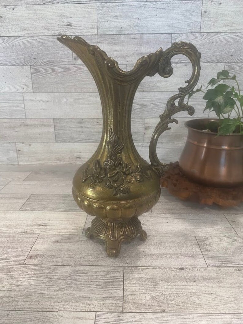 Vintage Pitcher Vase Brass Floral Design, Made in Italy - Etsy