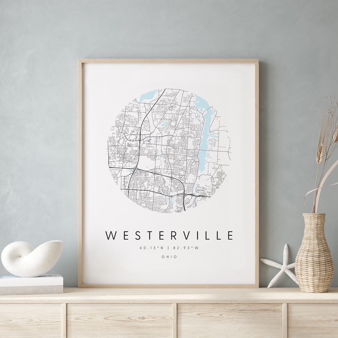 Westerville Ohio, Printable City Map, Blue & White Wall Art, Modern Map ...