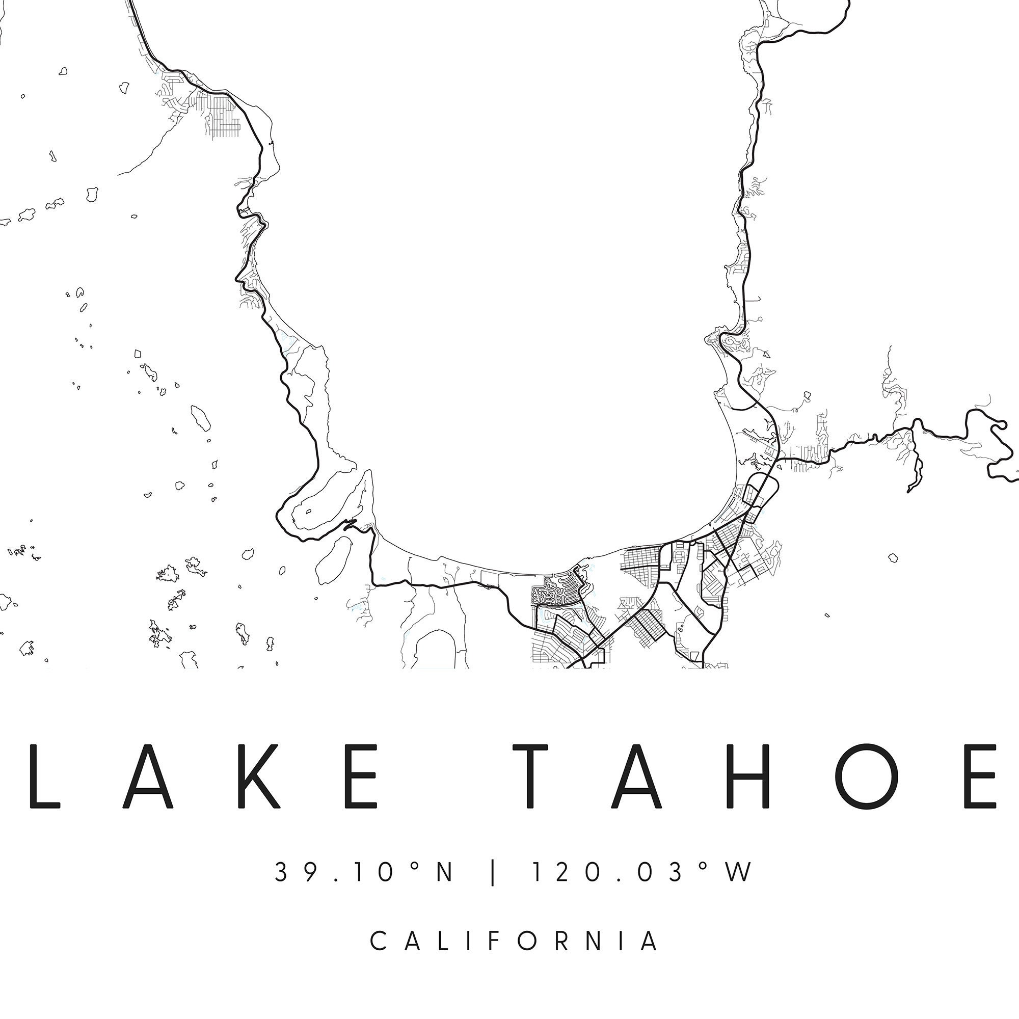 Lake Tahoe California, Digital Art Map, Digital Print Poster, Black and ...