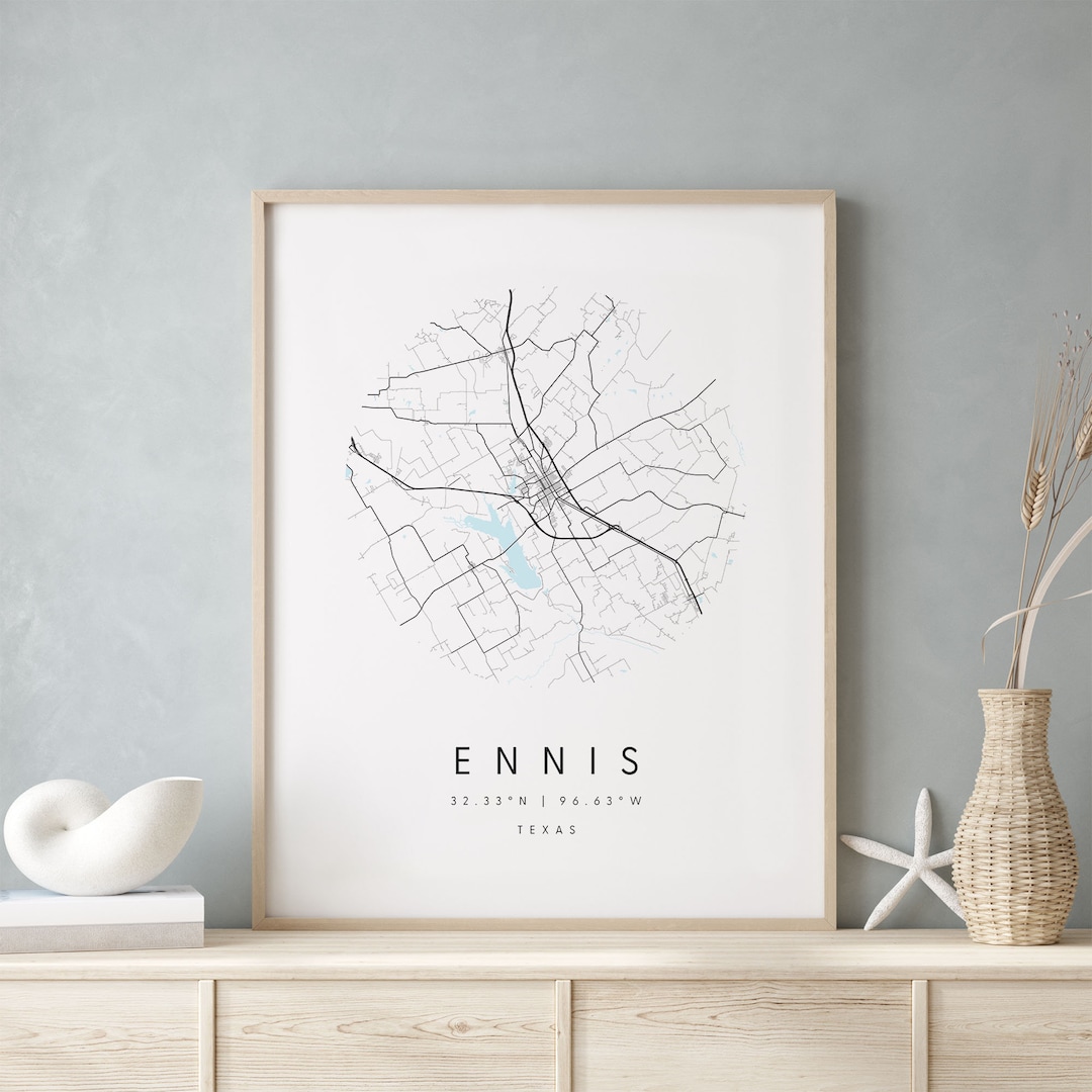 Ennis Texas, Digital Art Map, Digital Print Poster, Blue and White City ...
