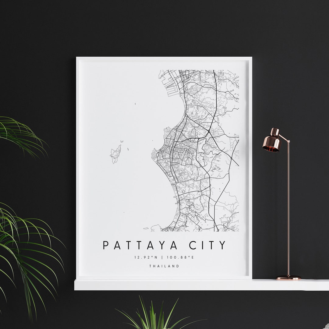 Pattaya City Thailand, Digital Art Map, Digital Print Poster, Black and ...