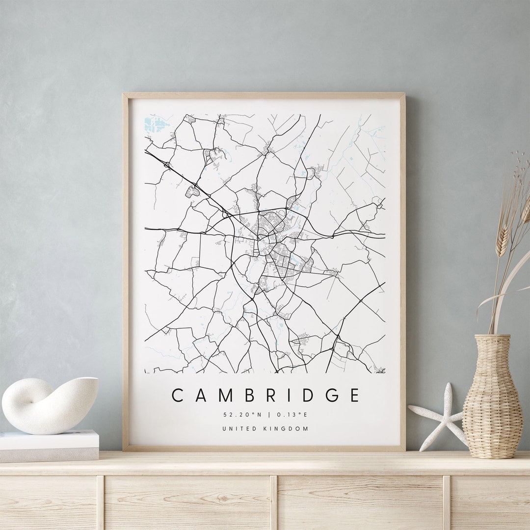 Cambridge United Kingdom, Digital Art Map, Digital Print Poster, Blue ...