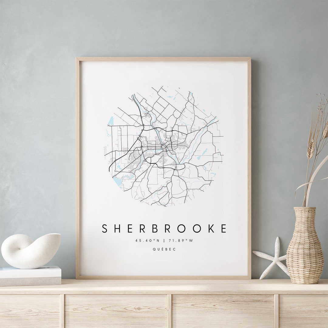 Sherbrooke Quebec, Digital Print Poster, Blue and White City Map ...