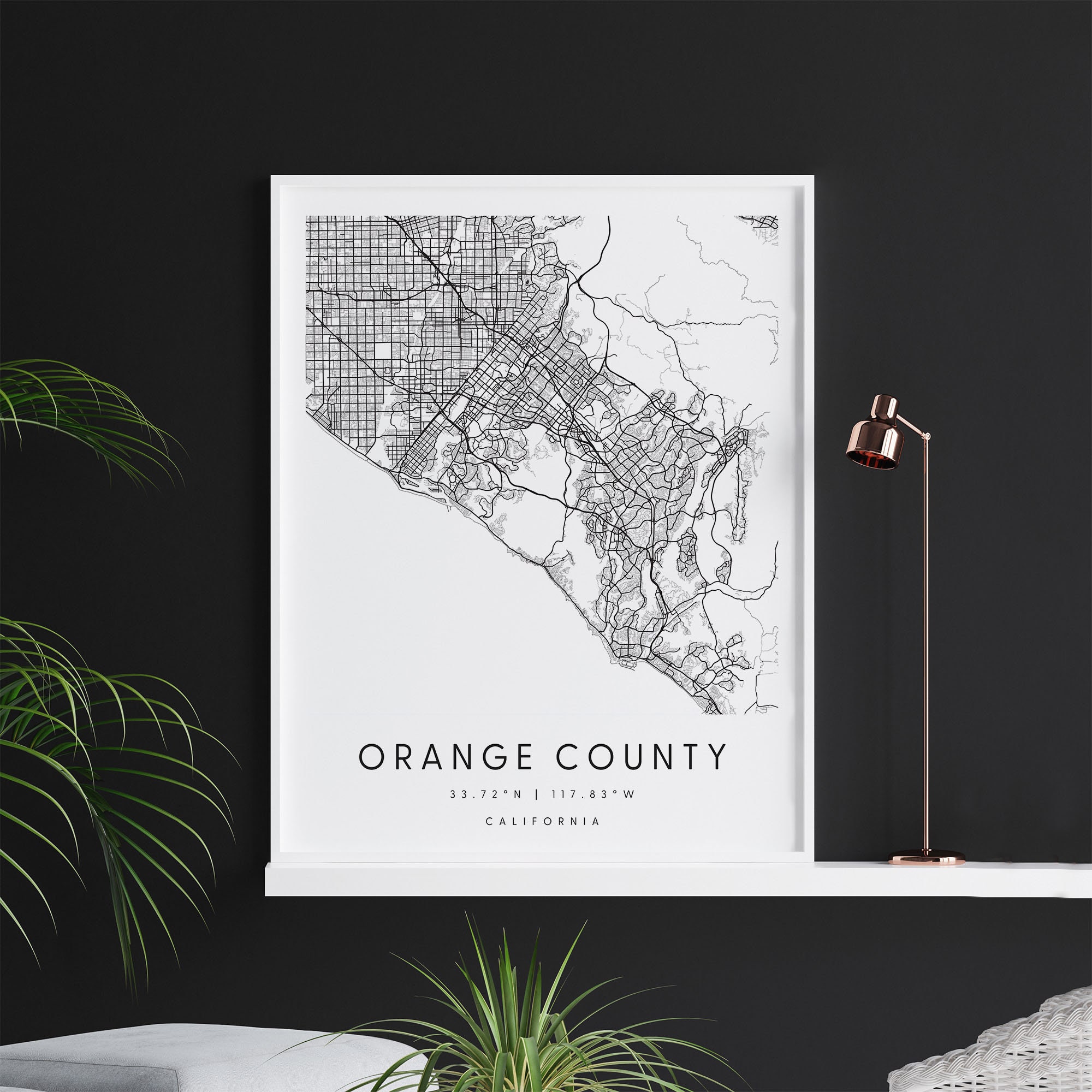 Orange County California, Digital Art Map, Digital Print Poster, Black ...