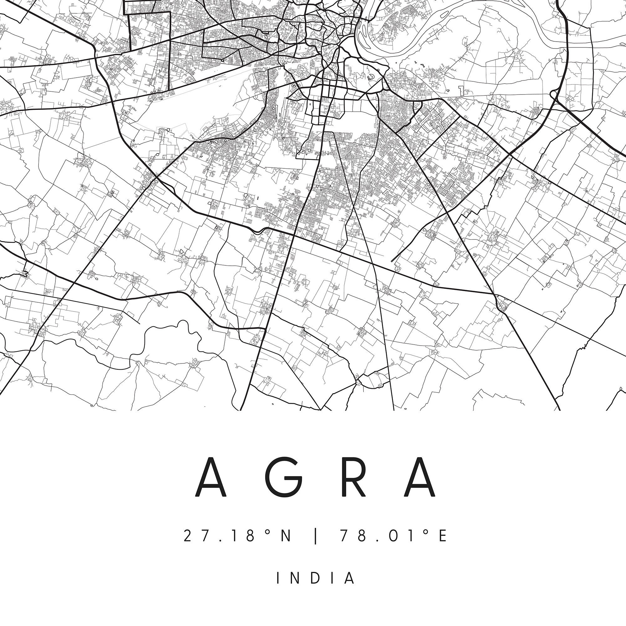 Agra India Digital Art Map Digital Print Poster Black and - Etsy