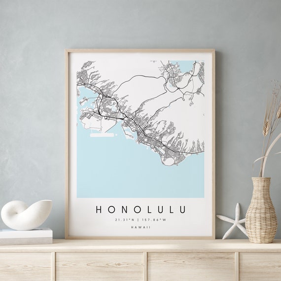 Honolulu Hawaii Digital Art Map Digital Print Poster Blue - Etsy