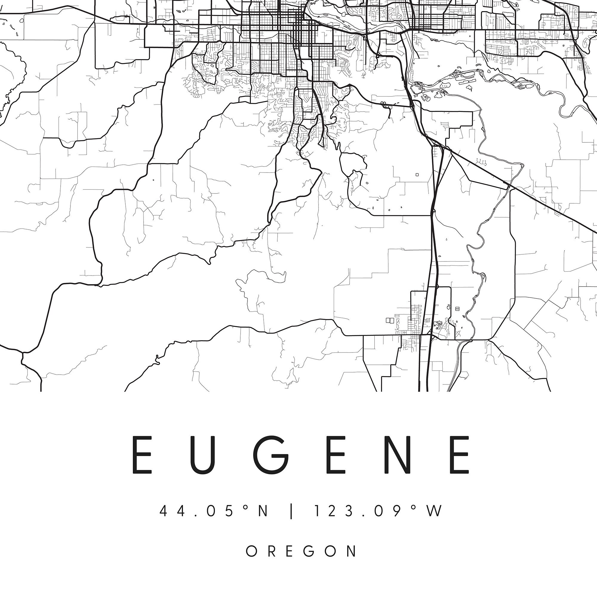 Eugene Oregon, Digital Art Map, Digital Print Poster, Black and White ...