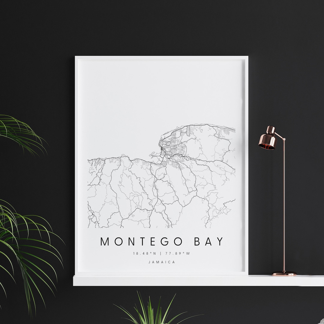 Montego Bay Jamaica, Digital Art Map, Digital Print Poster, Black and ...