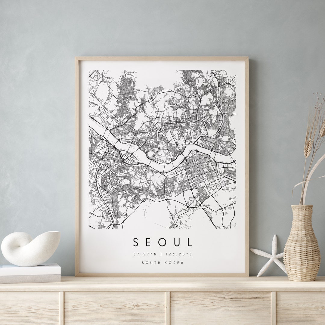 Seoul South Korea, Digital Art Map, Digital Print Poster, Black and ...