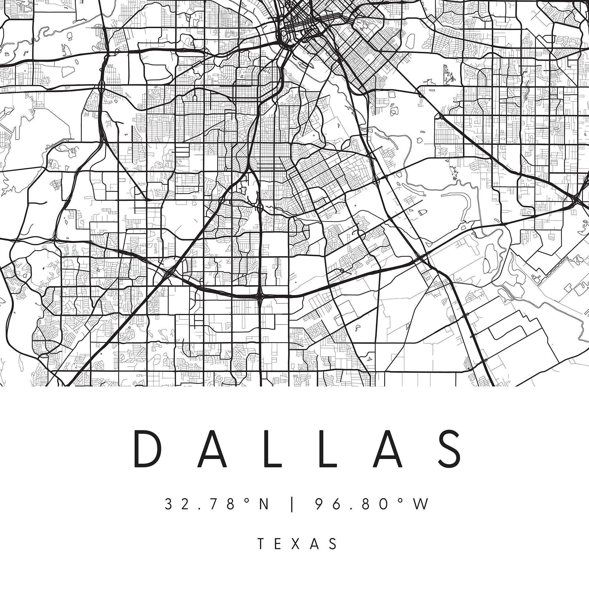 Dallas Texas, Digital Art Map, Digital Print Poster, Black and White ...