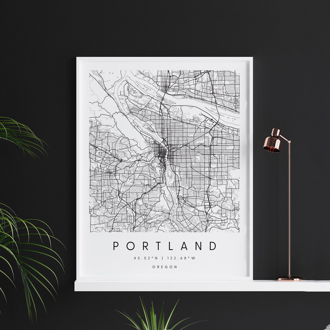 Portland Oregon, Digital Art Map, Digital Print Poster, Black and White ...