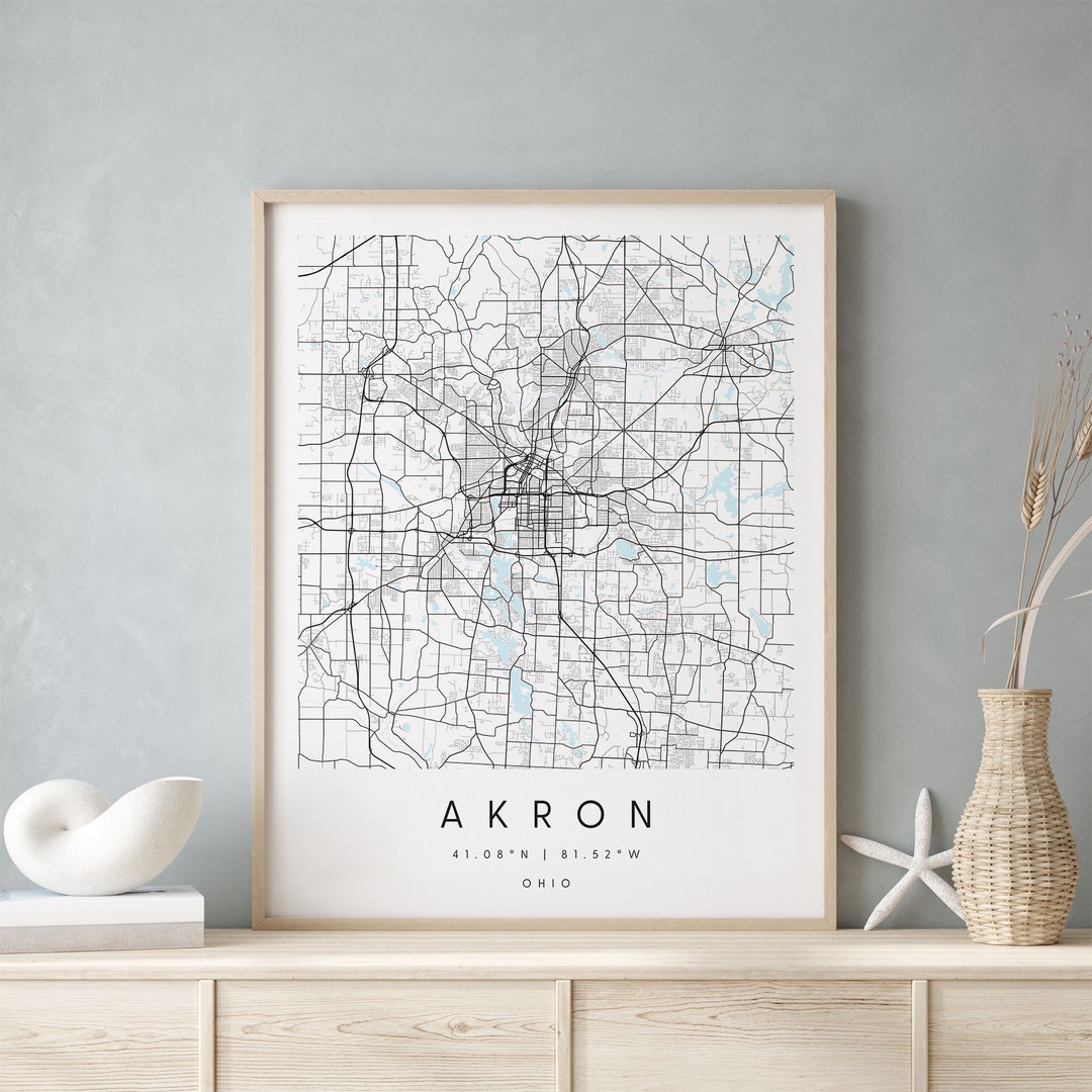 Akron Ohio, Printable City Map, Blue & White Wall Art, Modern Map Print ...