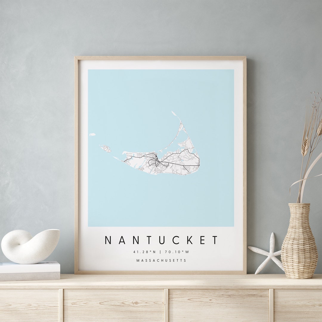 Nantucket Massachusetts, Digital Art Map, Digital Print Poster, Blue ...