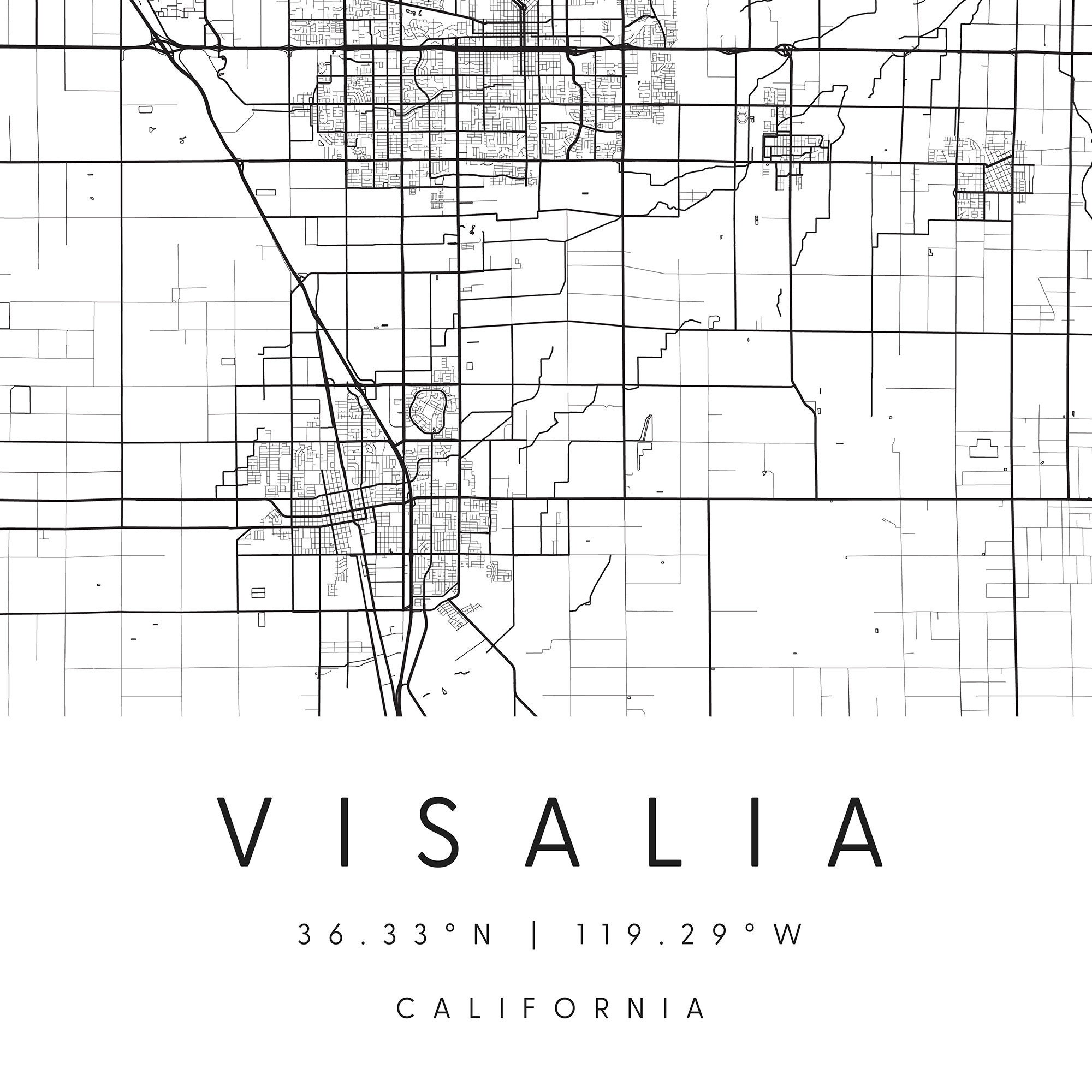 Visalia California, Digital Art Map, Digital Print Poster, Black and ...