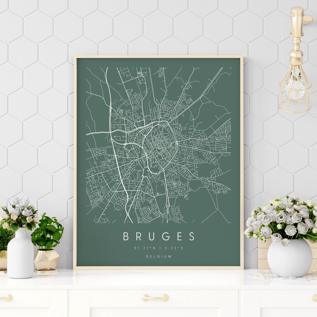 Brujas Bélgica, Mapa de Arte Digital, Póster Impreso Digital, Mapa Verde Y Blanco de la Ciudad ...