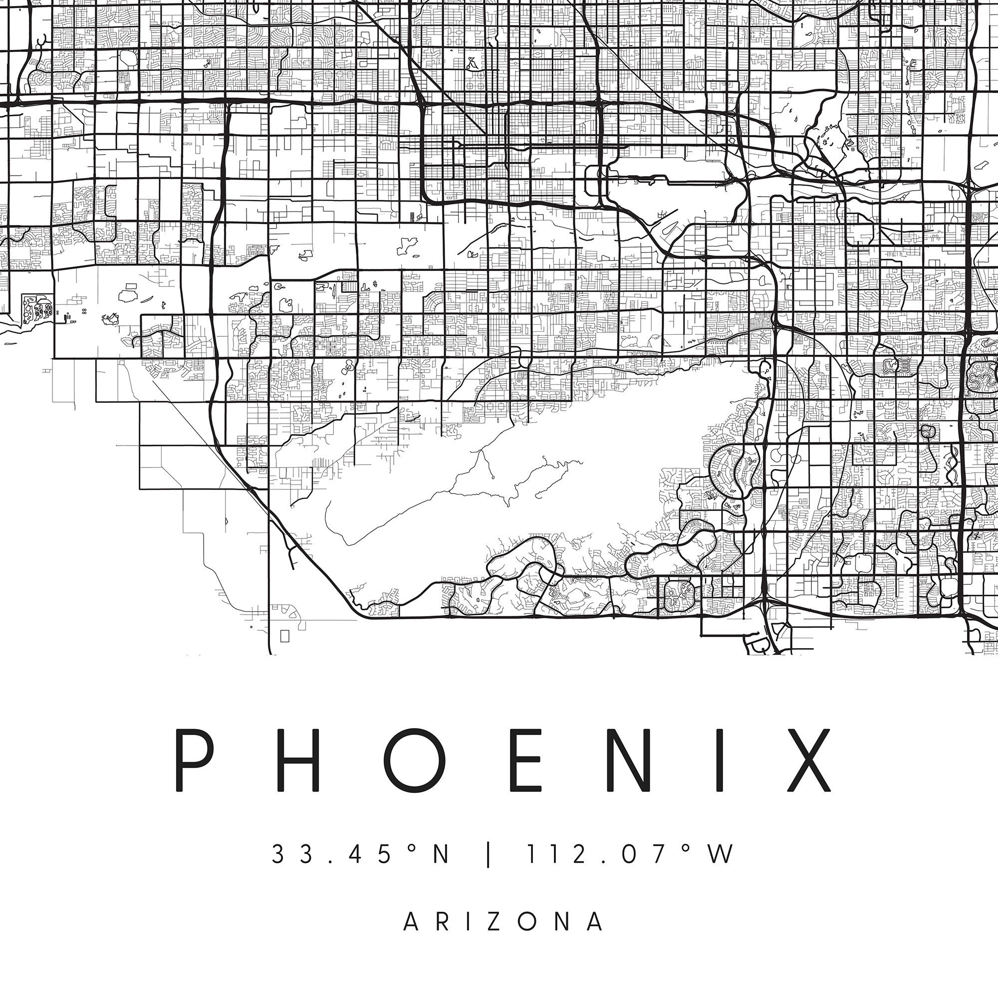 Phoenix Arizona, Digital Art Map, Digital Print Poster, Black and White ...